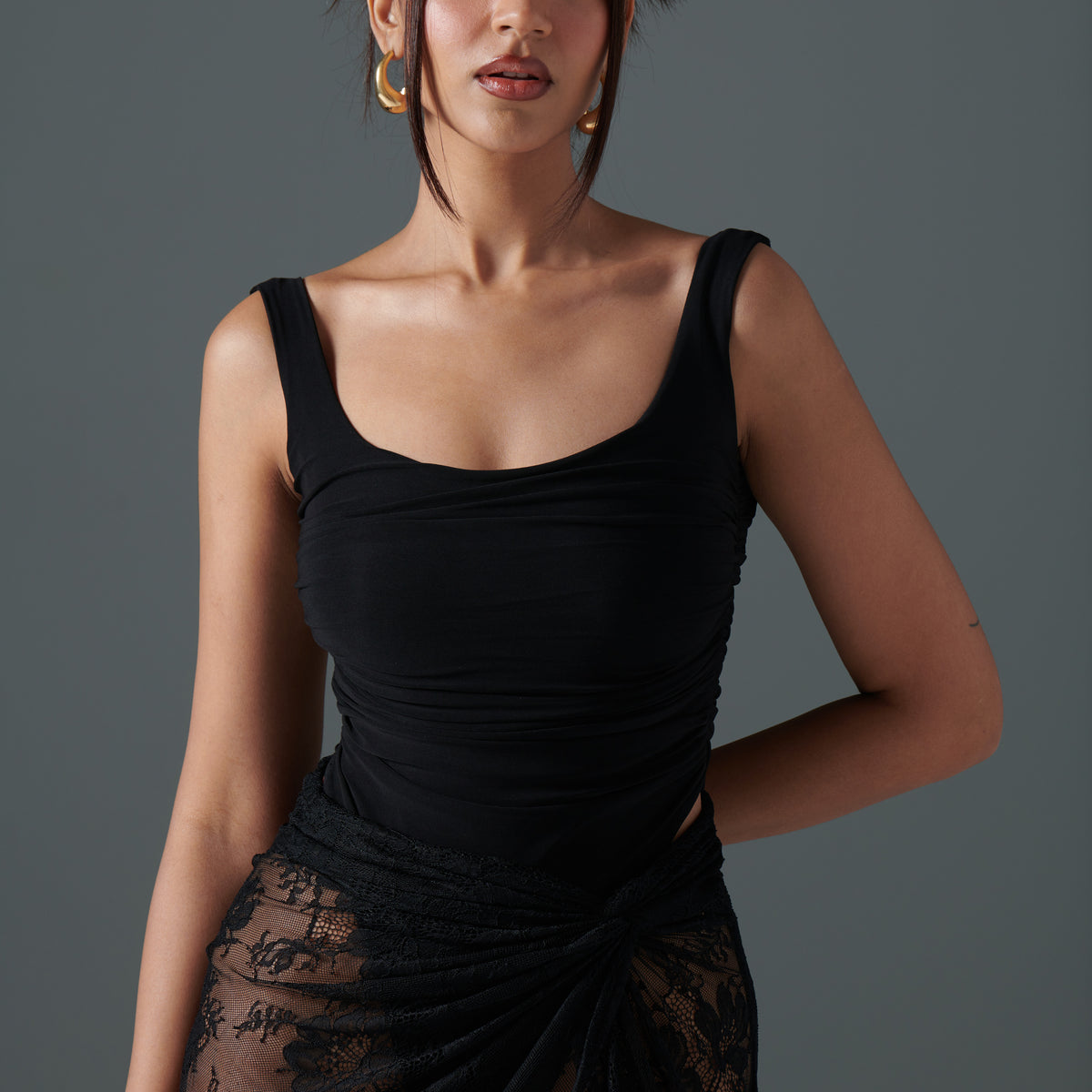 RUCHED BODYSUIT WITH OVERLAY – LabelAnkitaJain